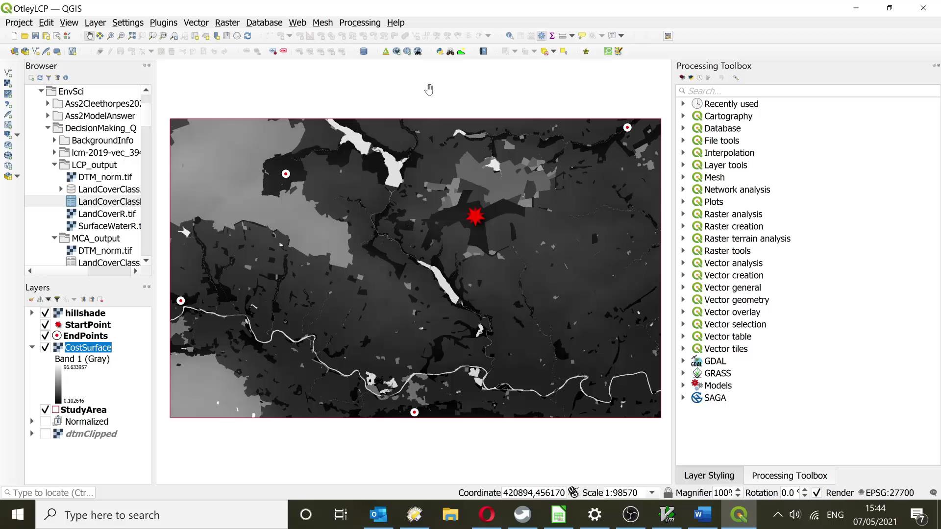 Using the Cost-distance analysis plugin to calculate least cost paths ...
